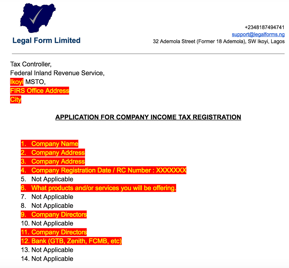 TIN Application Letter with FIRS Nigeria – Legal Forms – Medium