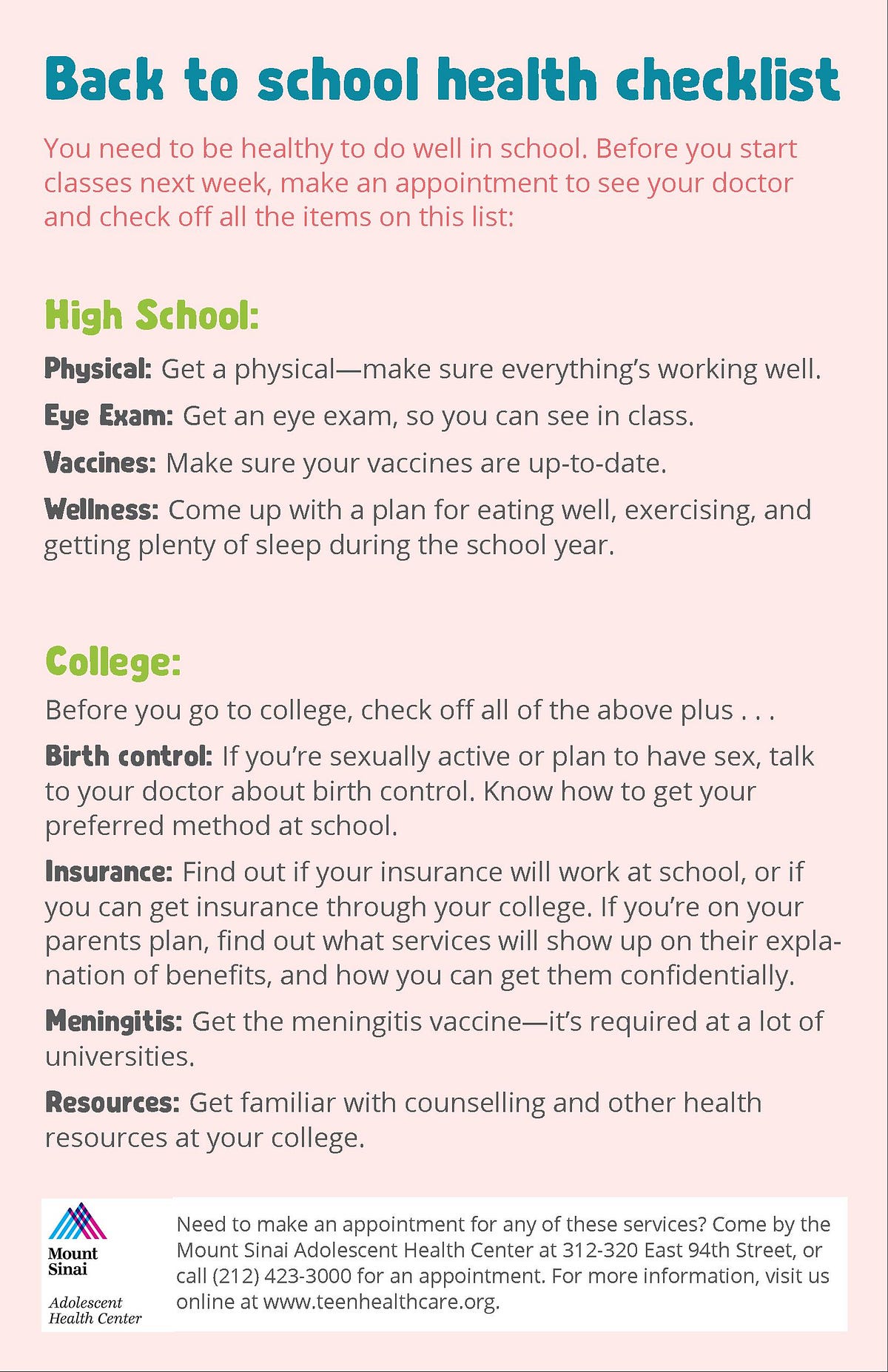 Back to school health checklist for teens – Mount Sinai Adolescent ...