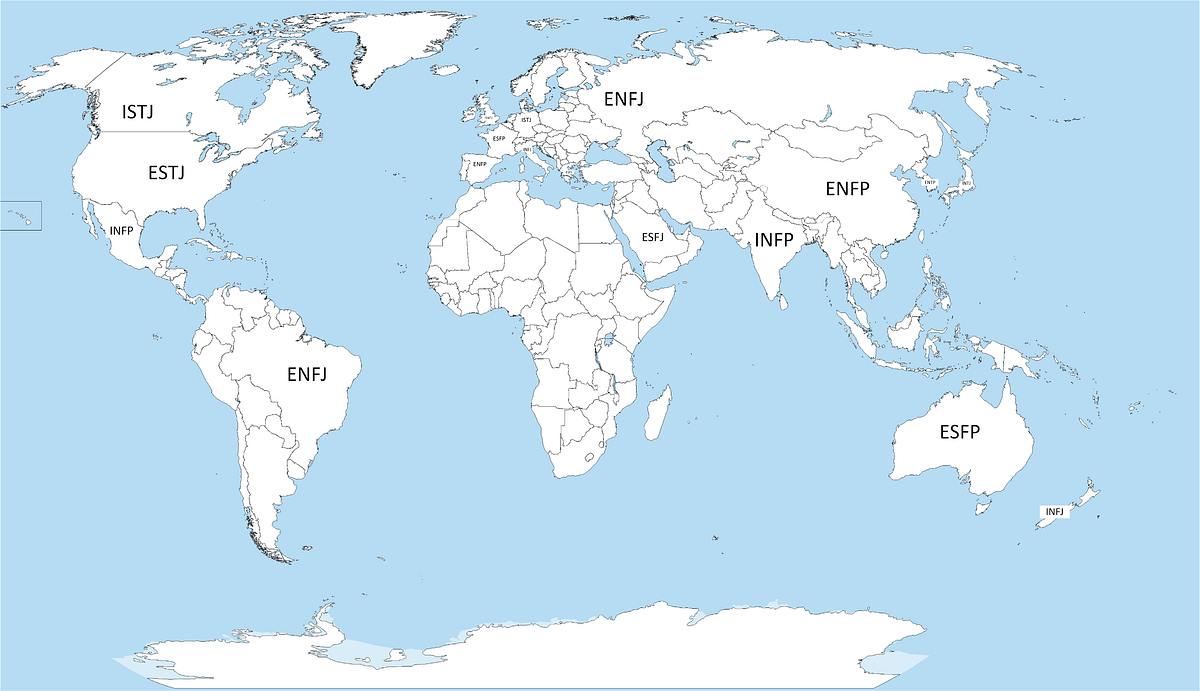 If a World Map Showed Countries by their Myers-Briggs Type Indicator…