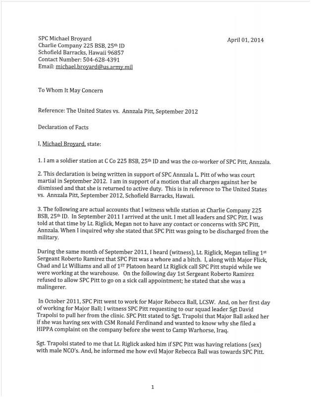SPC MICHEAL BROYARD LETTER OF TOXIC LEADERS-HE WAS THREATEN NOT TO TELL ...