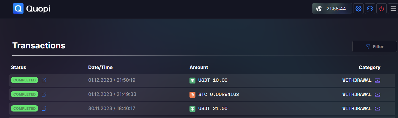 Today, I withdrew 0.0029 BTC and 10 USDT from my Quopi.ai profits to my Kraken account. This ...
