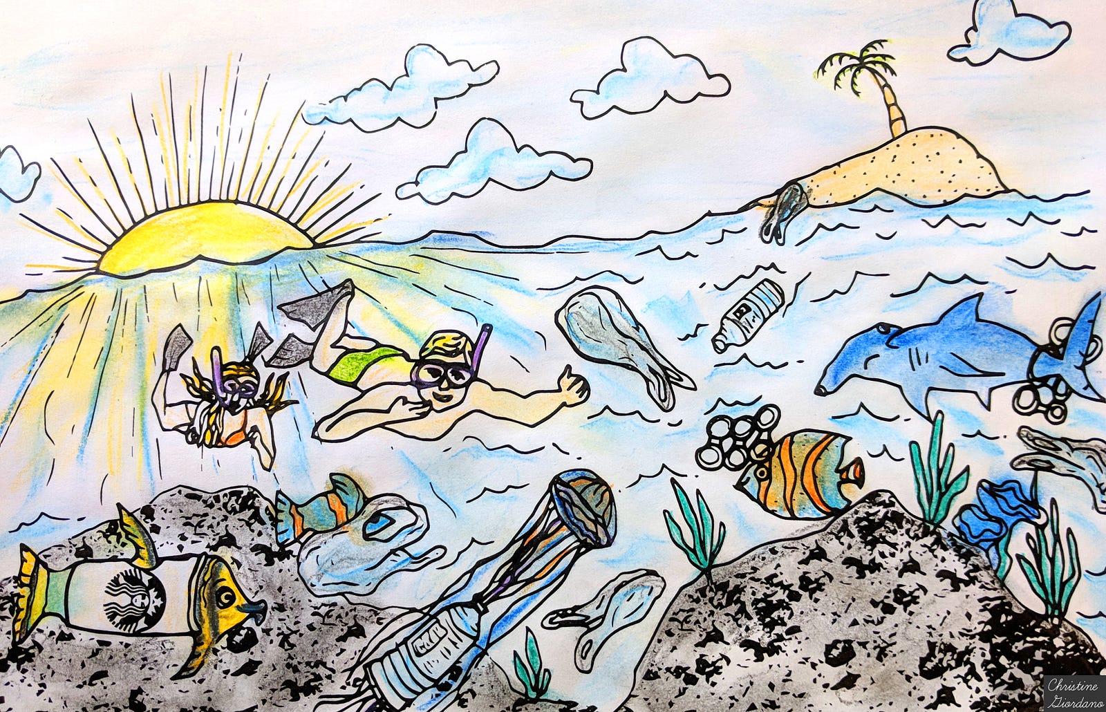 Water Pollution Drawings Easy Sea Turtle With Plastic Pollution turtle ...