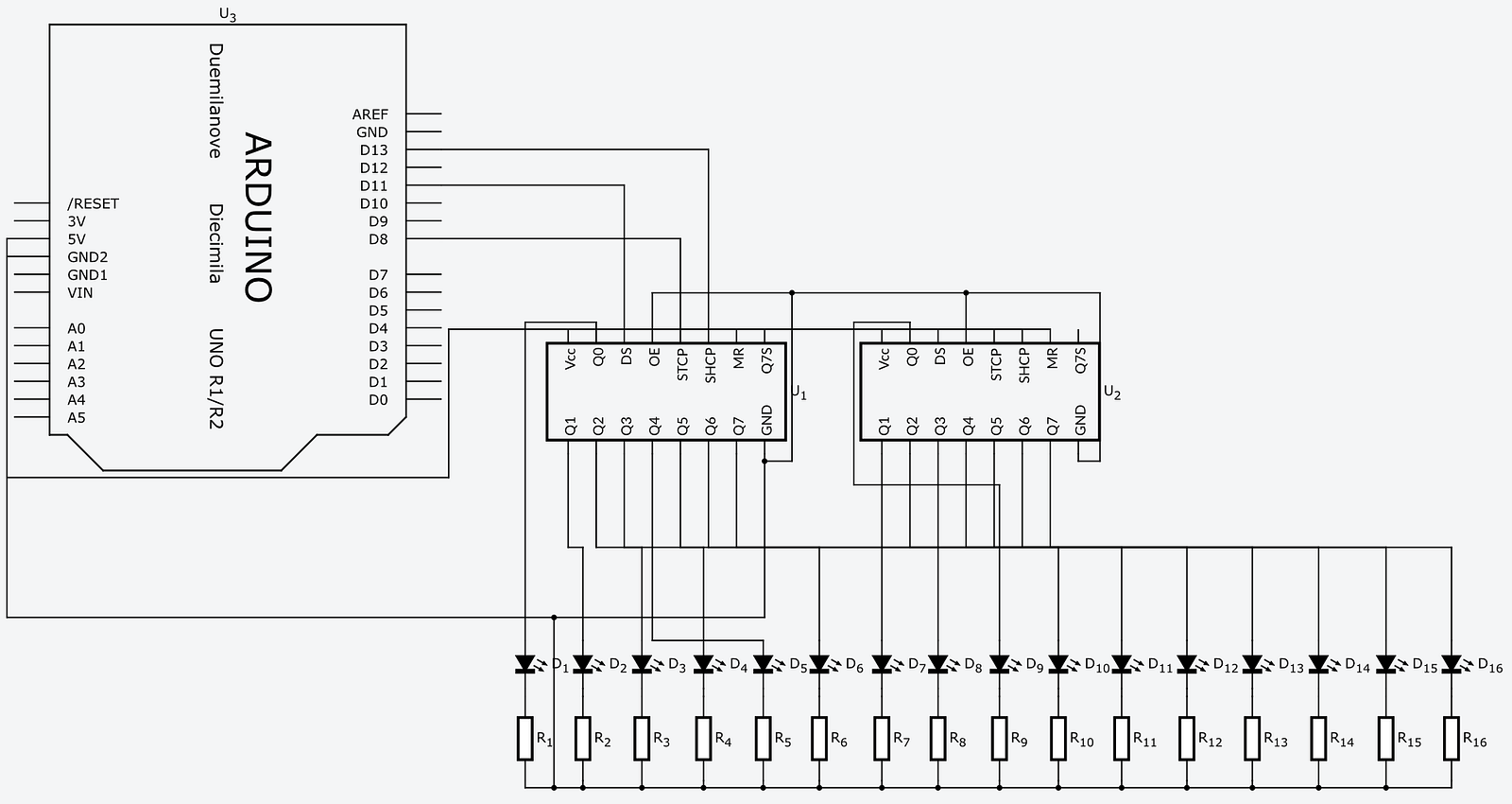 Driving 16 LEDs using only three pins of an Arduino