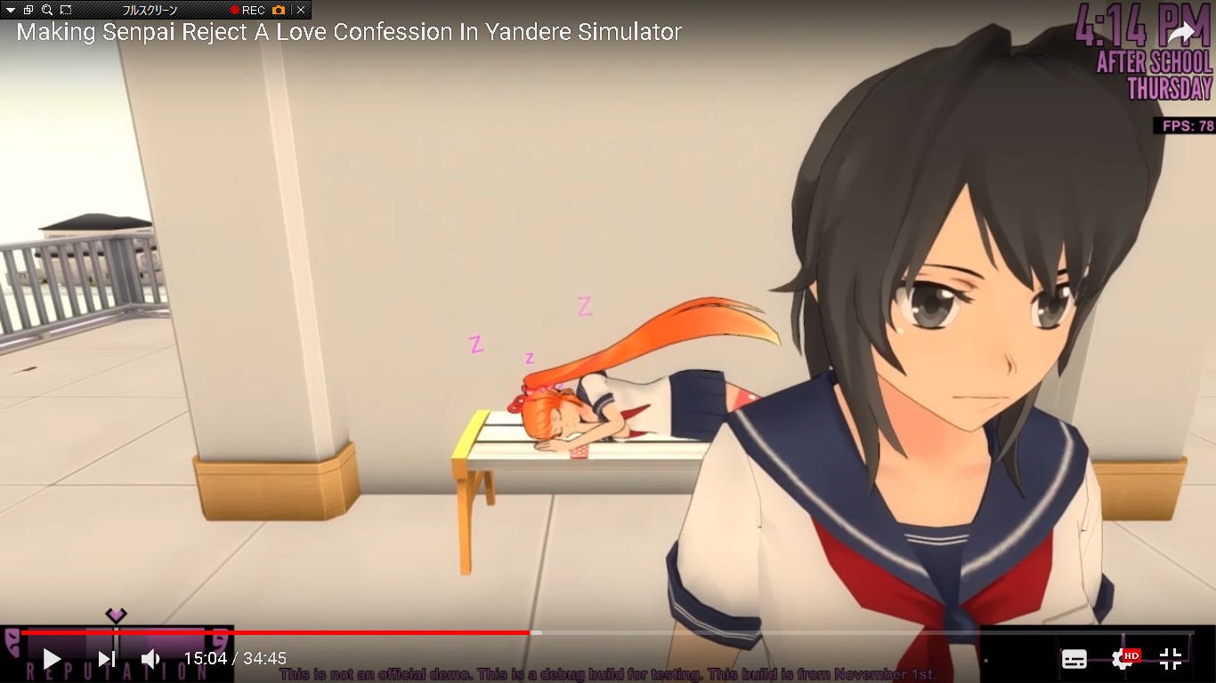 6．ヤンデレシュミレーター Making Senpai Reject A Confession In Yandere Simulator 11月6日