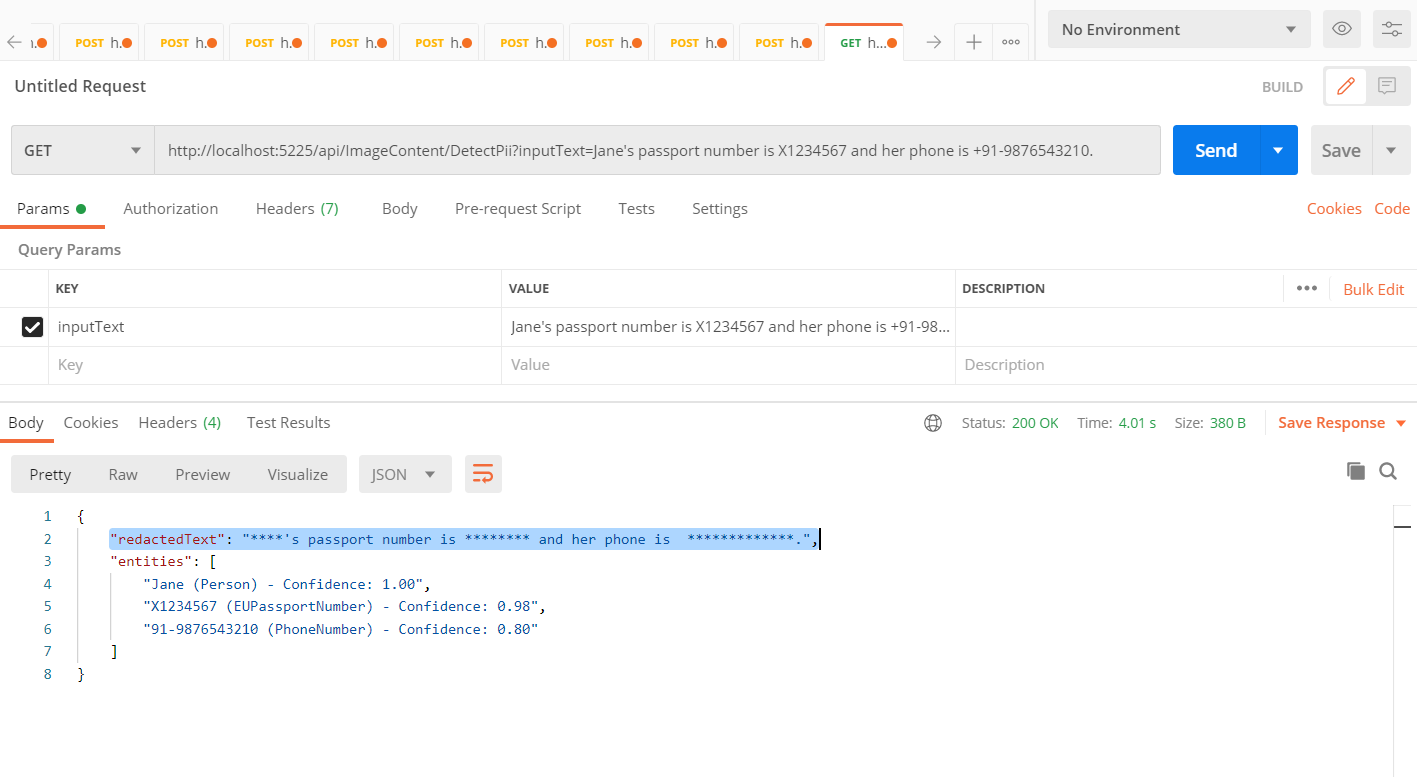 Detect PII entities using Azure Language Service.