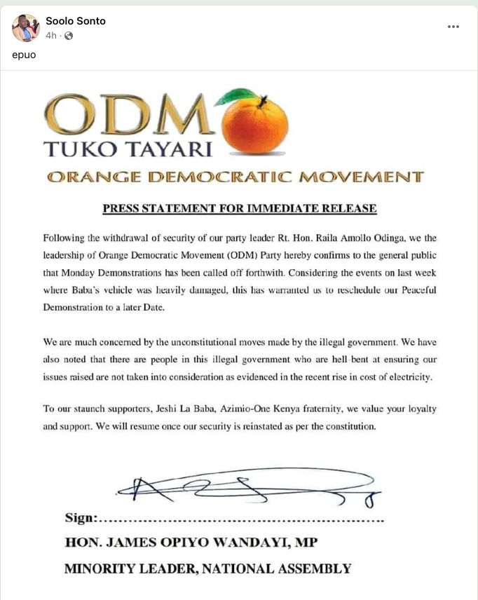 FAKE: Kenya’s ODM party has not called off anti-government protests
