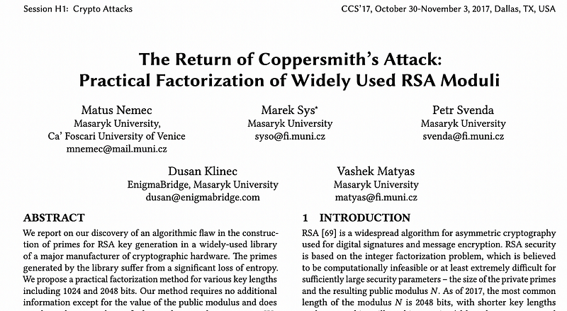 Paranoid Cryptography and the Return of the Coppersmith Attack (ROCA)