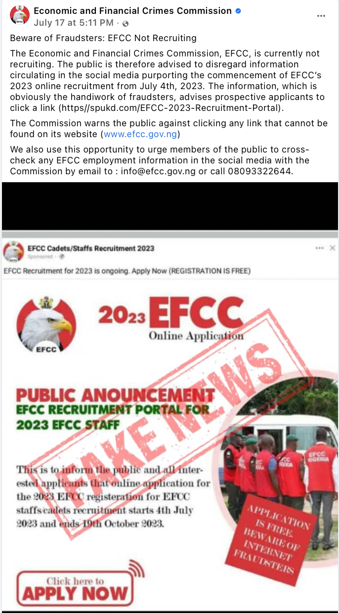 HOAX: This recruitment drive by Nigeria’s Economic and Financial Crimes ...