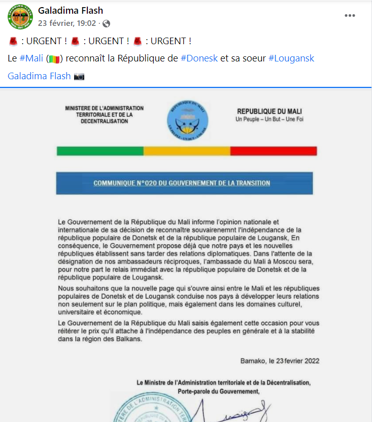 FAUX : Le gouvernement malien n’a pas reconnu la souveraineté de ...