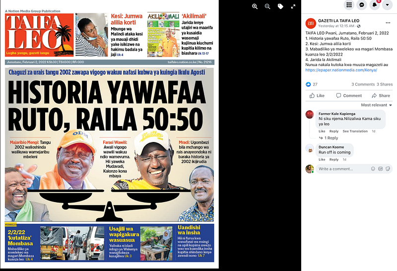 ALTERED: This image of Taifa Leo newspaper with Kalonzo Musyoka on the ...