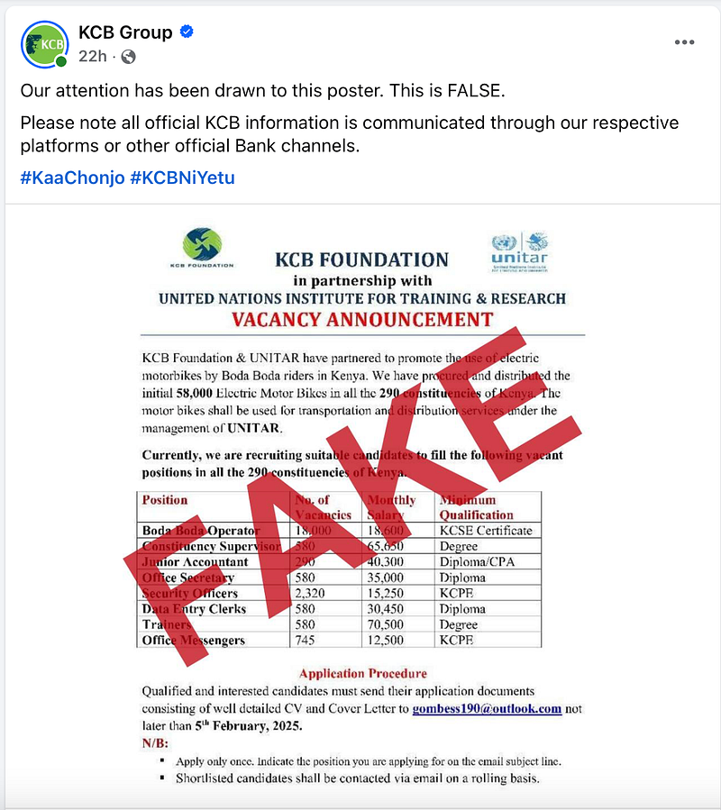 HOAX: This poster advertising vacancies at KCB Foundation is fraudulent