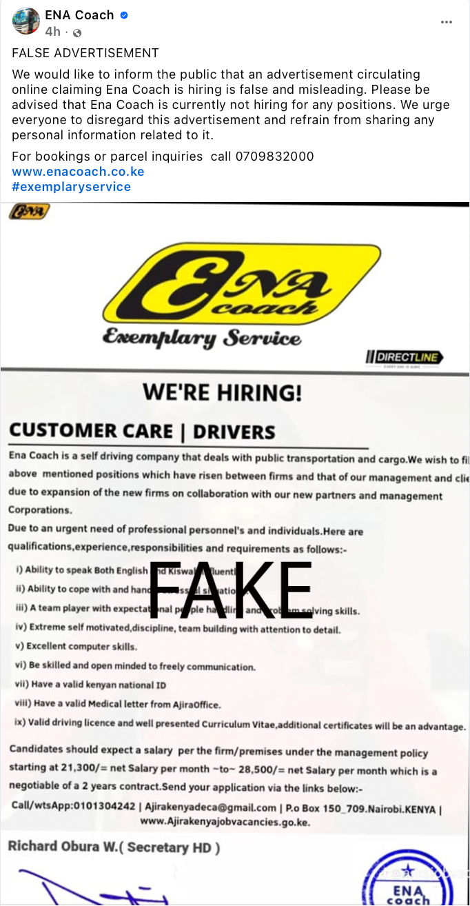 HOAX: ENA Coach isn’t hiring for customer care and driver positions