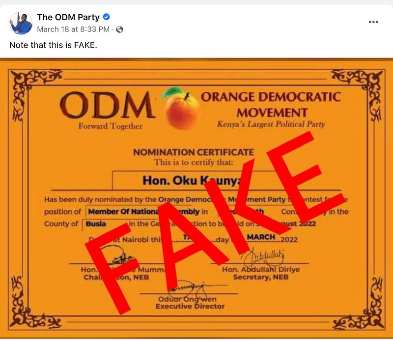 FAKE: This image of an ODM Party nomination certificate issued to Oku ...