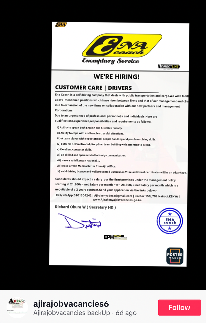 HOAX: ENA Coach isn’t hiring for customer care and driver positions