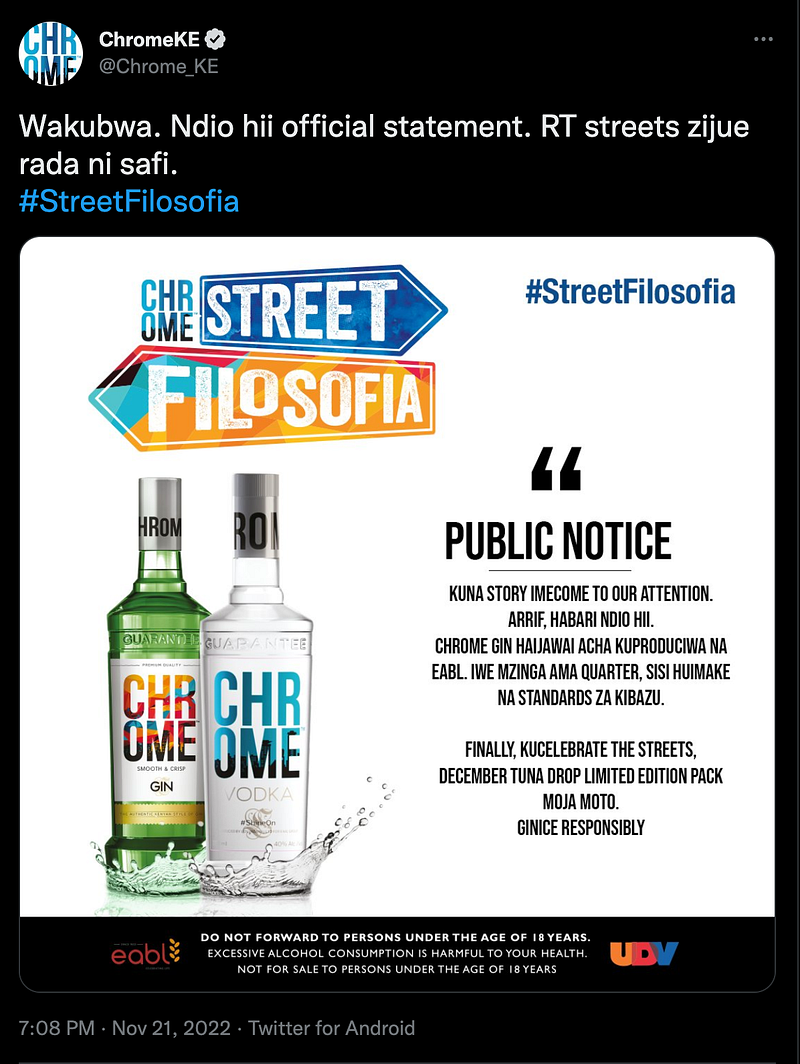 FALSE: EABL did not stop the production of Chrome Gin in 2021