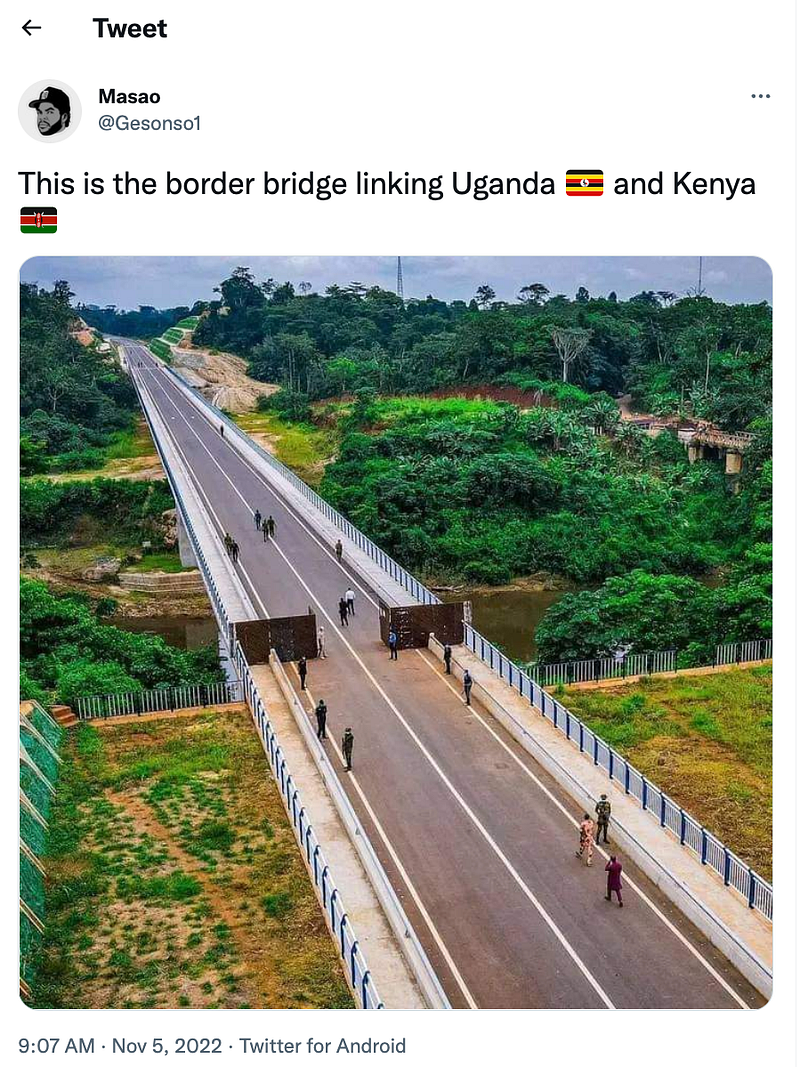 FALSE: This image is not of the border bridge linking Uganda and Kenya