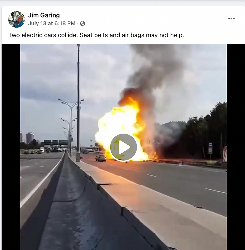 FALSE: This video is not of two electric cars exploding after a collision