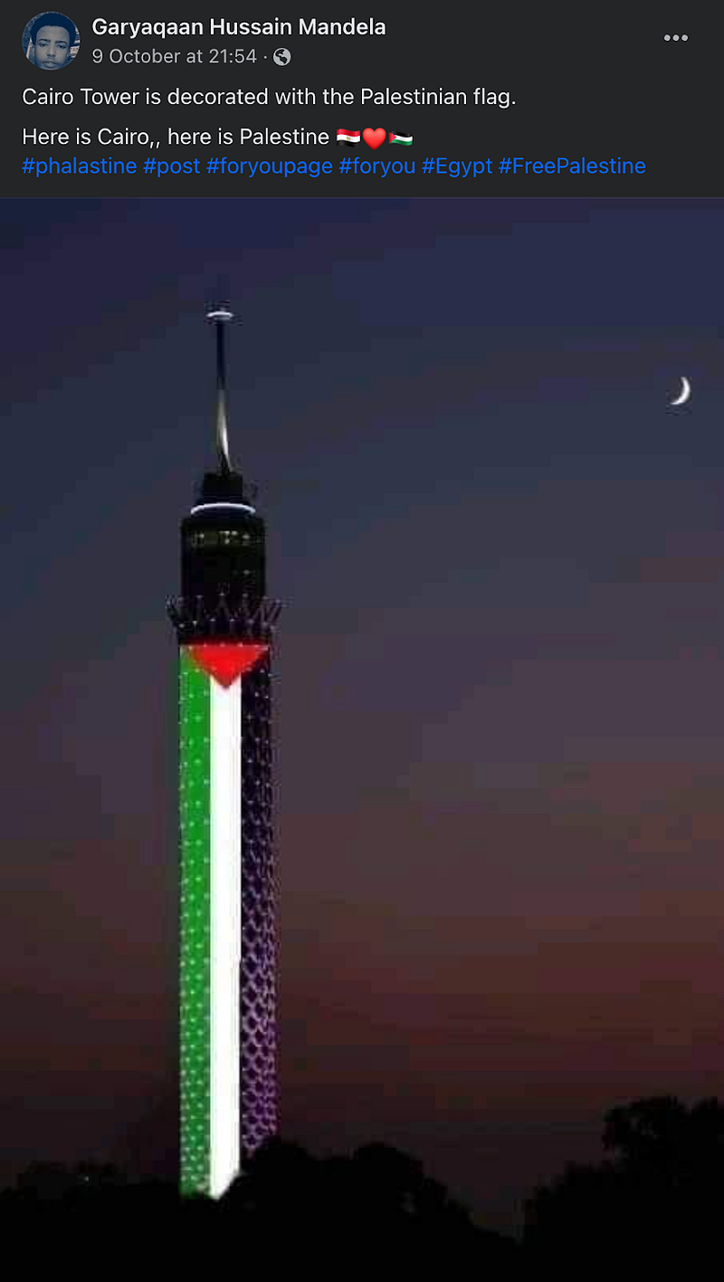 ALTERED: This image of Cairo Tower in Egypt displaying the Palestine ...