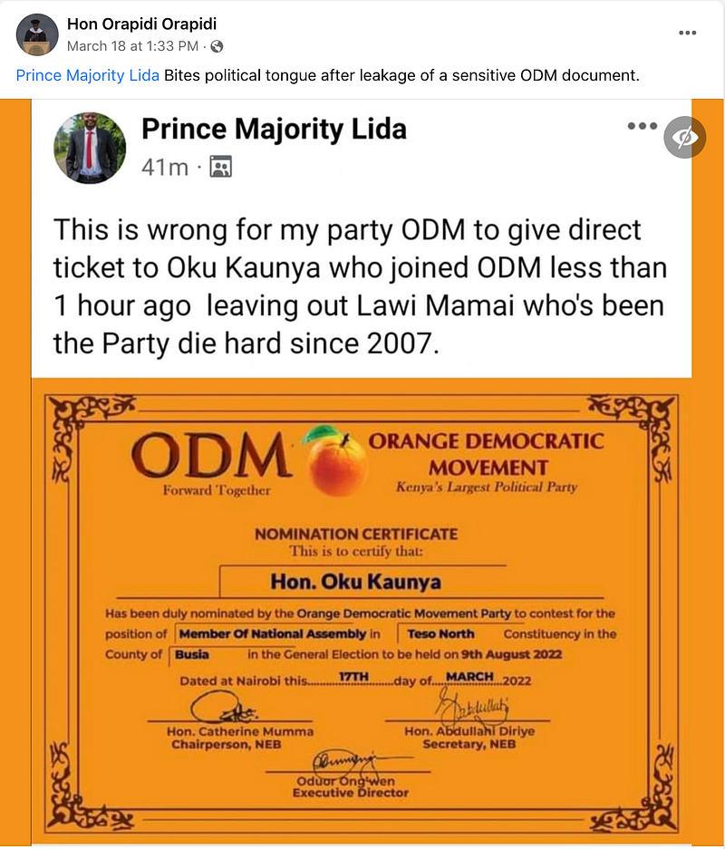 FAKE: This image of an ODM Party nomination certificate issued to Oku ...