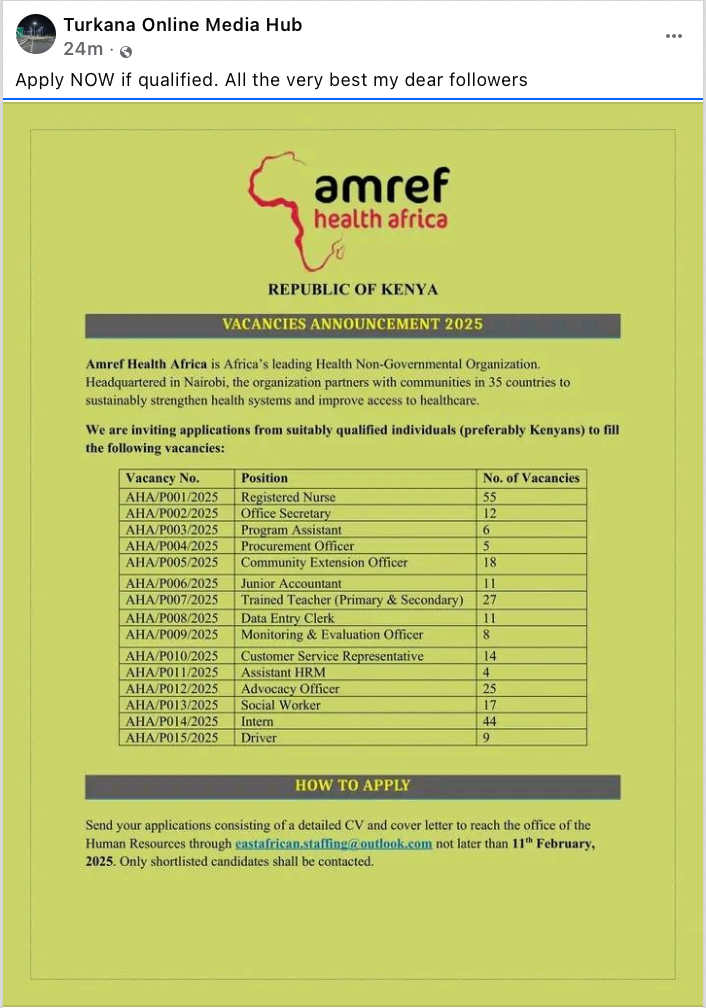 HOAX: These vacancies are not from Amref Health Africa, Kenya