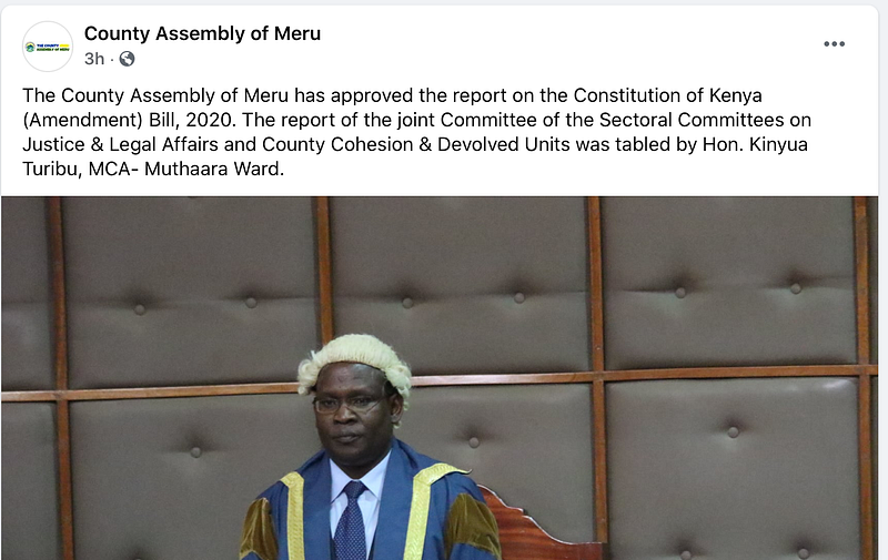 FALSE: Meru County Assembly has not rejected the BBI Constitutional ...