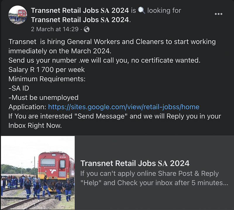 HOAX: This post advertising jobs at South Africa’s Transnet is a scam