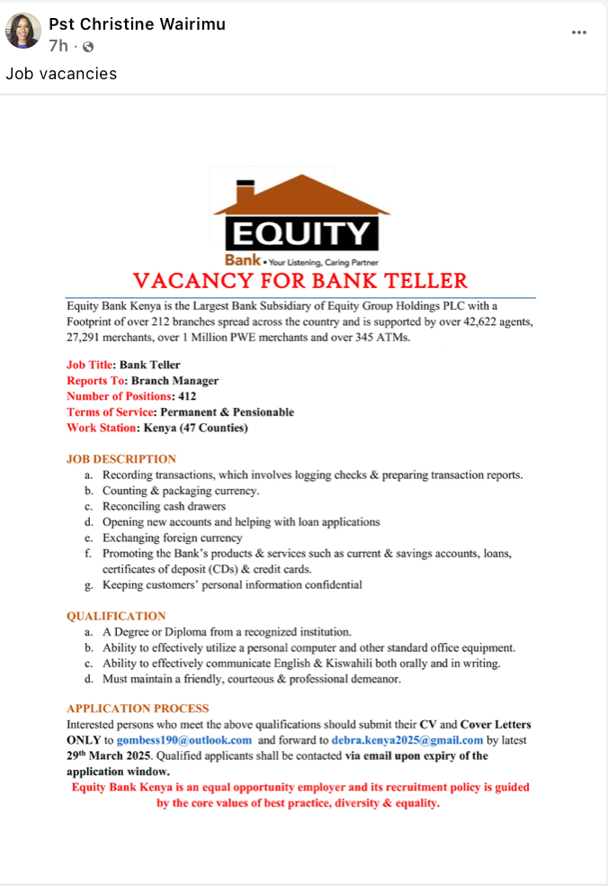 HOAX: This poster advertising teller vacancies at Equity Bank Kenya is ...