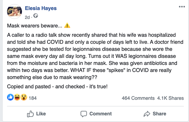 FALSE: Face masks do not cause Legionnaires’ disease