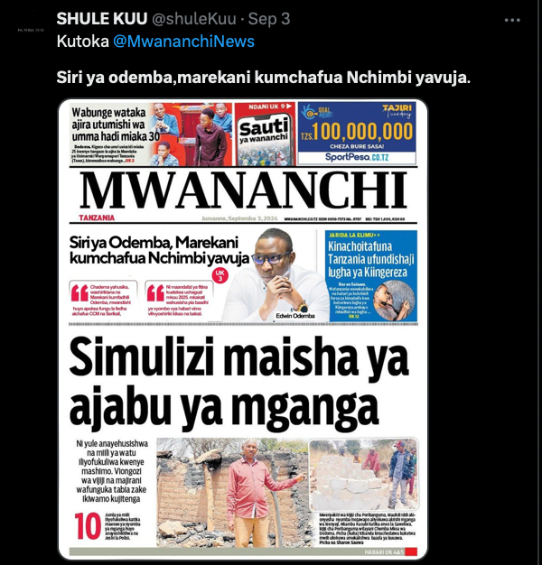 GHUSHI: Ukurusa huu wa mbele wa gazeti la Mwananchi toleo la 3 Septemba ...