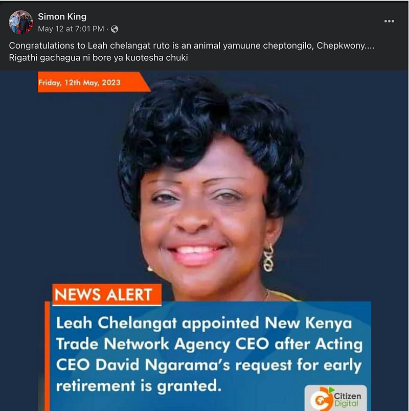 FAKE: This news alert that President William Ruto has appointed Leah ...
