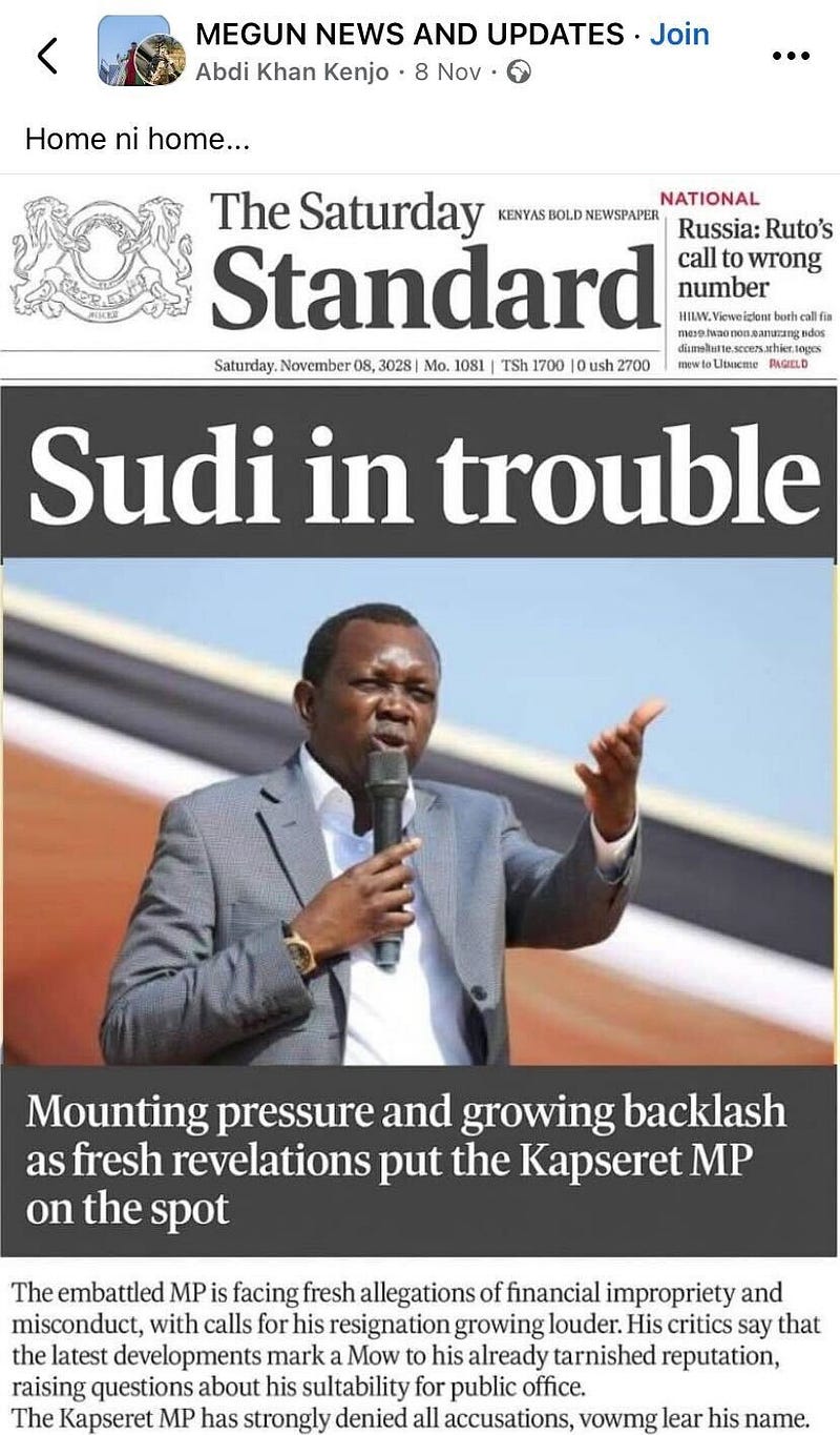 ALTERED: This Standard newspaper front page with the headline ‘Sudi in ...